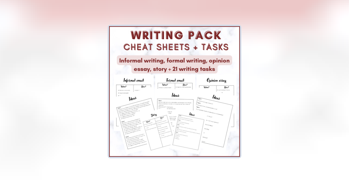 Writing cheat sheets + 21 tasks (Formal, Informal, Essays, Story ...