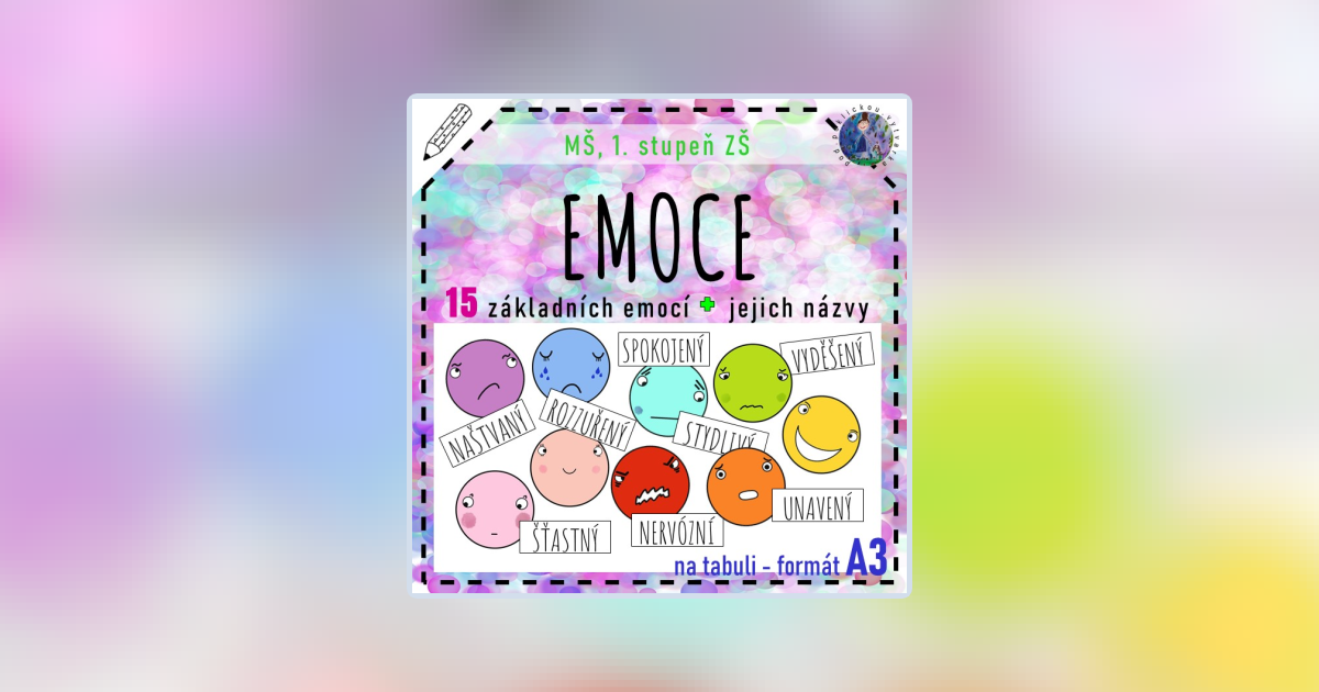 Emoce - 15 barevných smajlíků na tabuli + kartičky s názvy emocí/pocitů ...