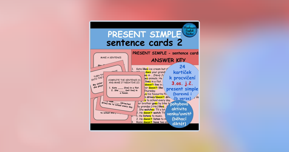 Present simple - sentence cards 2 = he, she, it | Učitelnice
