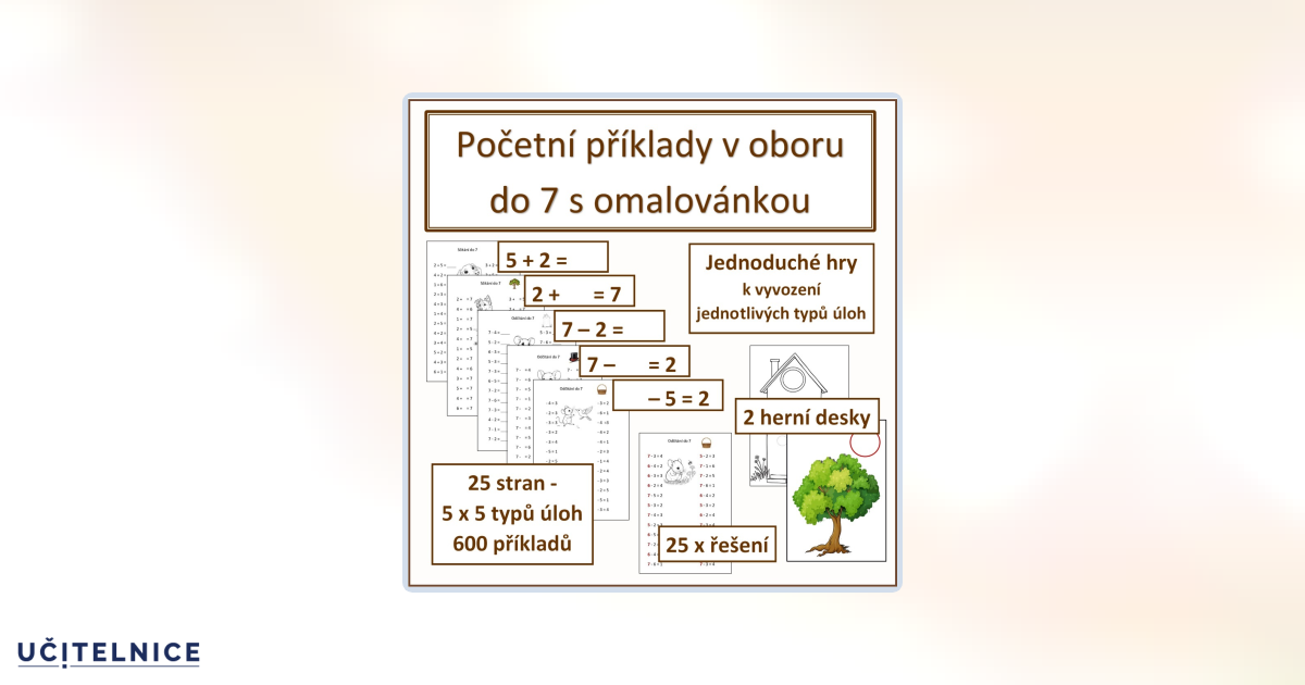 Početní příklady v oboru do 7 s omalovánkou | Učitelnice