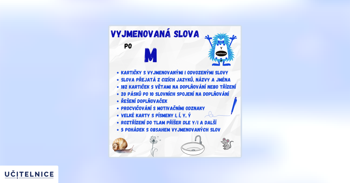 Vyjmenovaná slova po M - kartičky, testy, doplňování, významy slov ...