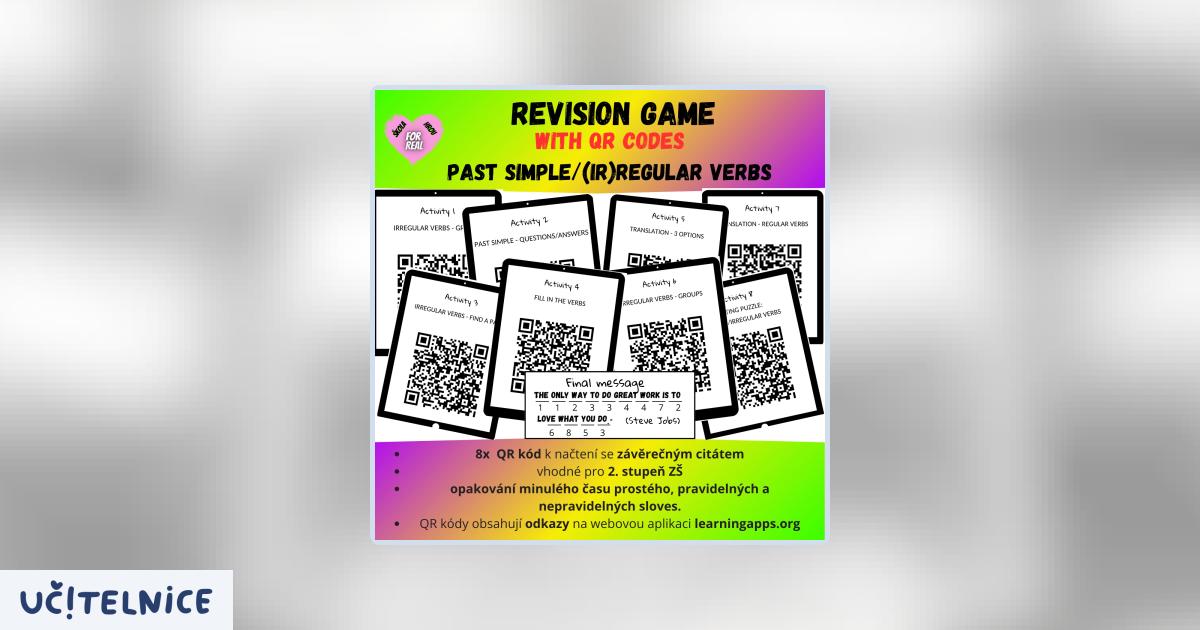 Past simple/(ir)regular verbs game with QR codes | Učitelnice