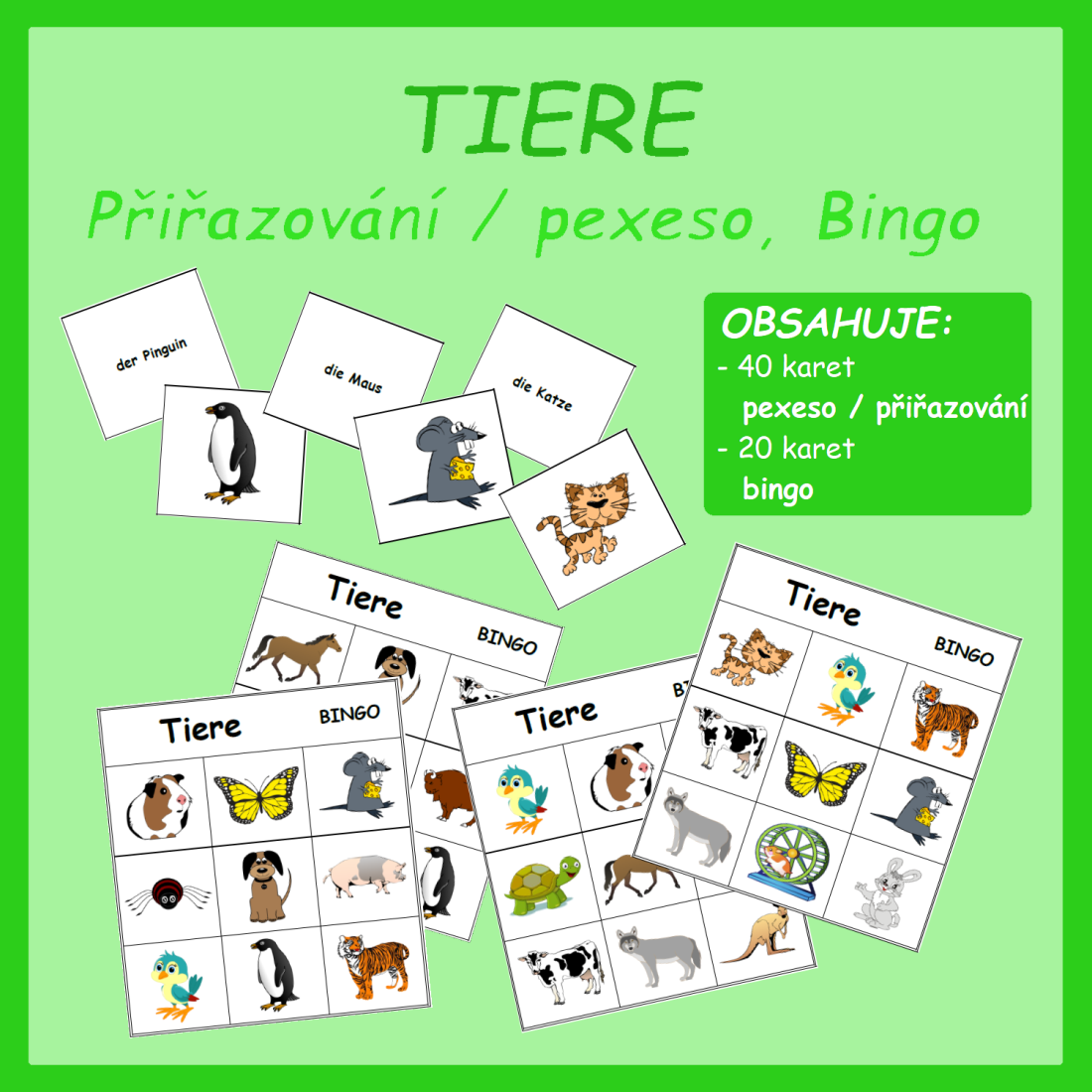 Materiál - Tiere - přiřazování / pexeso, bingo