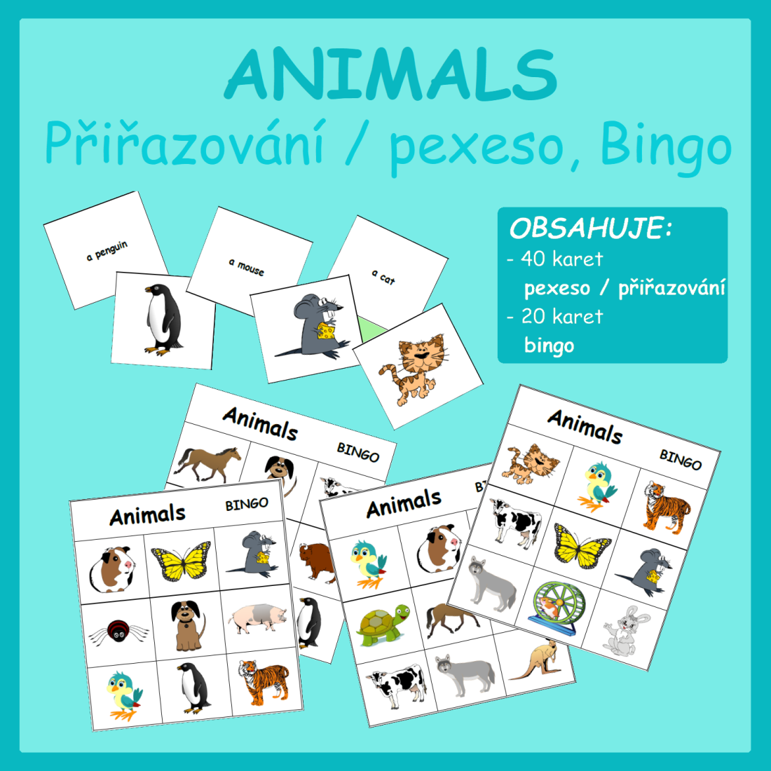 Materiál - Animals - přiřazování / pexeso, bingo
