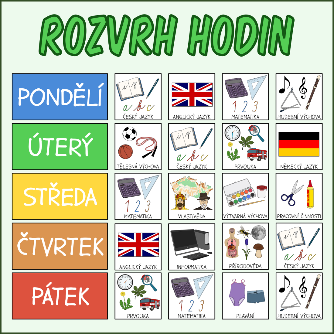 Materiál - Obrázkový rozvrh hodin