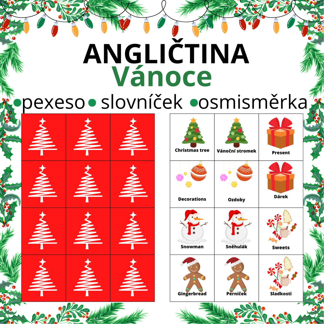 Vánoční anglické pexeso, osmisměrka, slovníček | Učitelnice