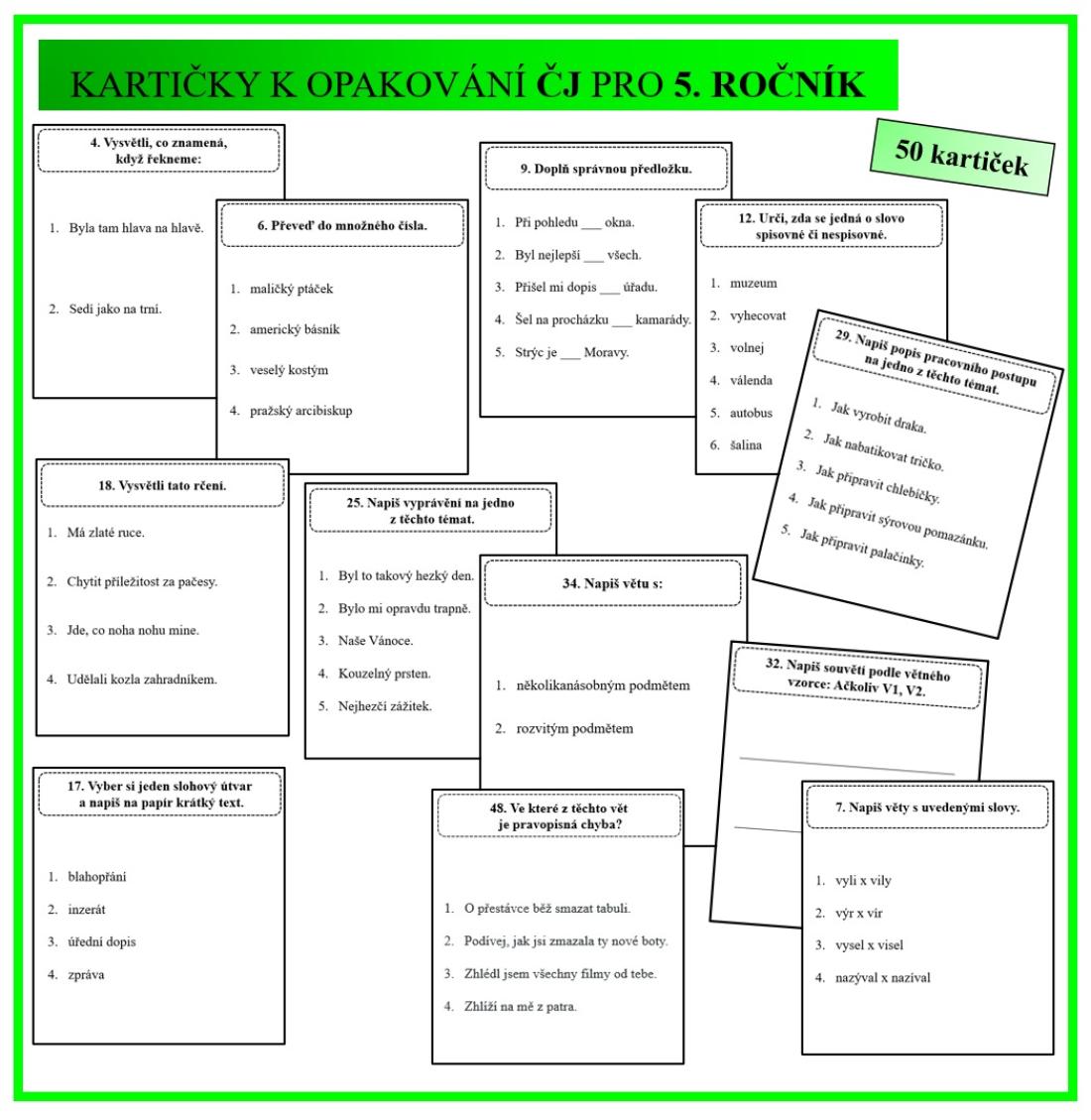 OPAKOVACÍ KARTIČKY DO ČESKÉHO JAZYKA PRO 5.TŘÍDU | Učitelnice