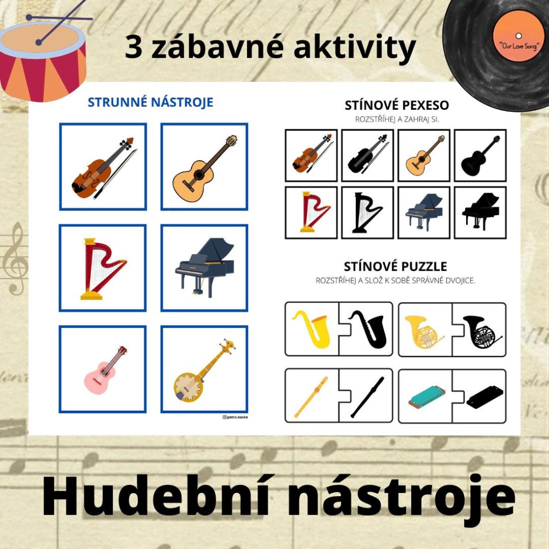 Materiál - Hudební nástroje - rozdělení, stínové puzzle a pexeso
