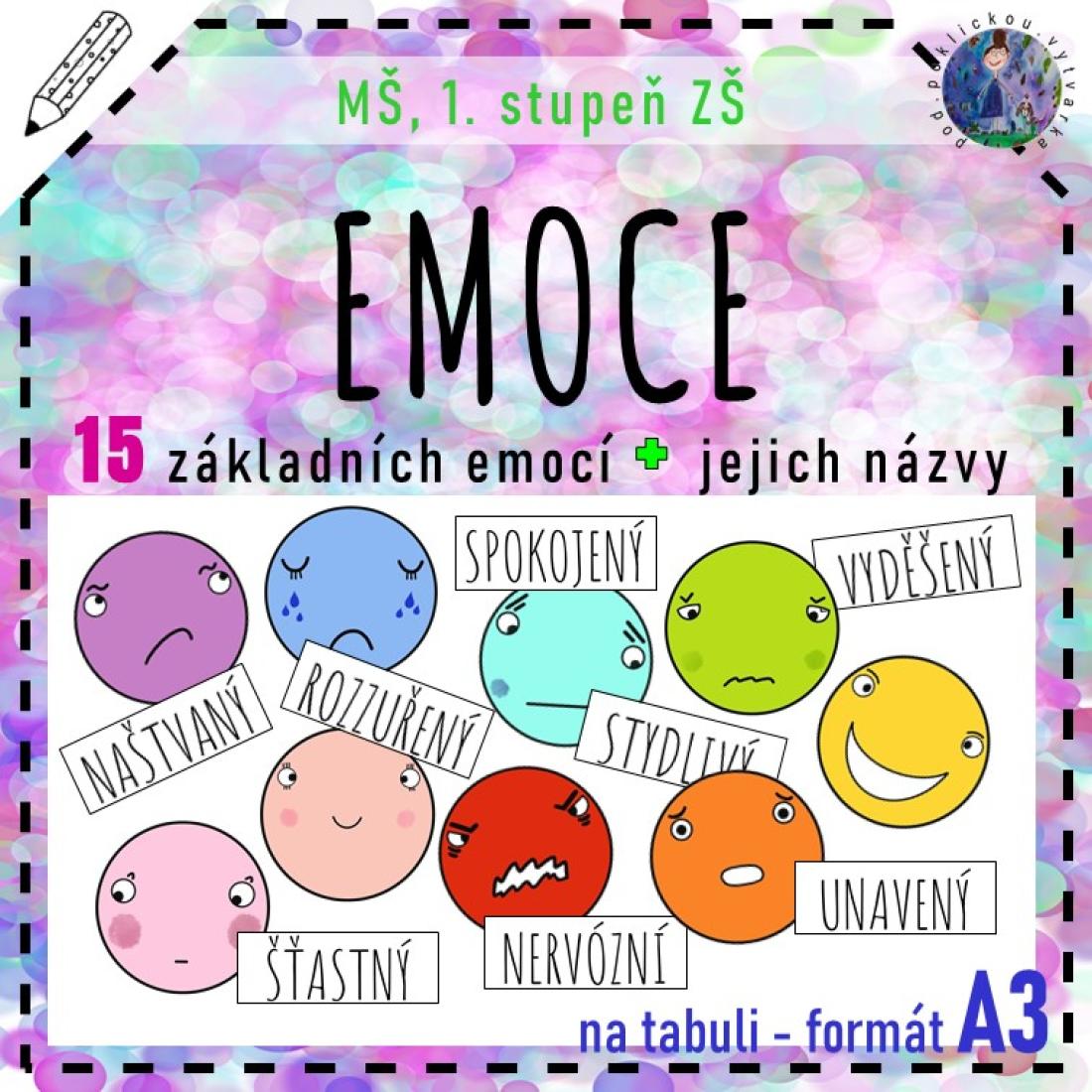 Emoce - 15 barevných smajlíků na tabuli + kartičky s názvy emocí/pocitů ...