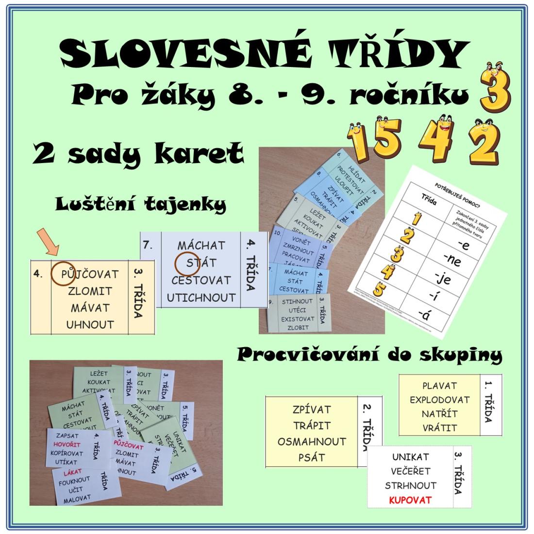 Slovesné třídy - kartičky k procvičování a luštění tajenky | Učitelnice