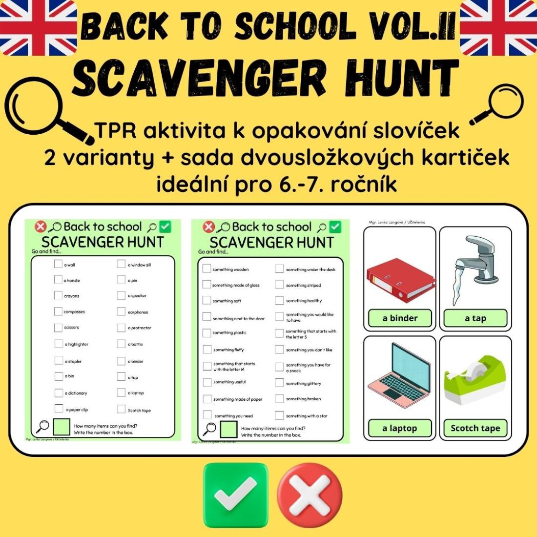 BACK TO SCHOOL – SCAVENGER HUNT vol.II – 2 varianty + sada kartiček ...