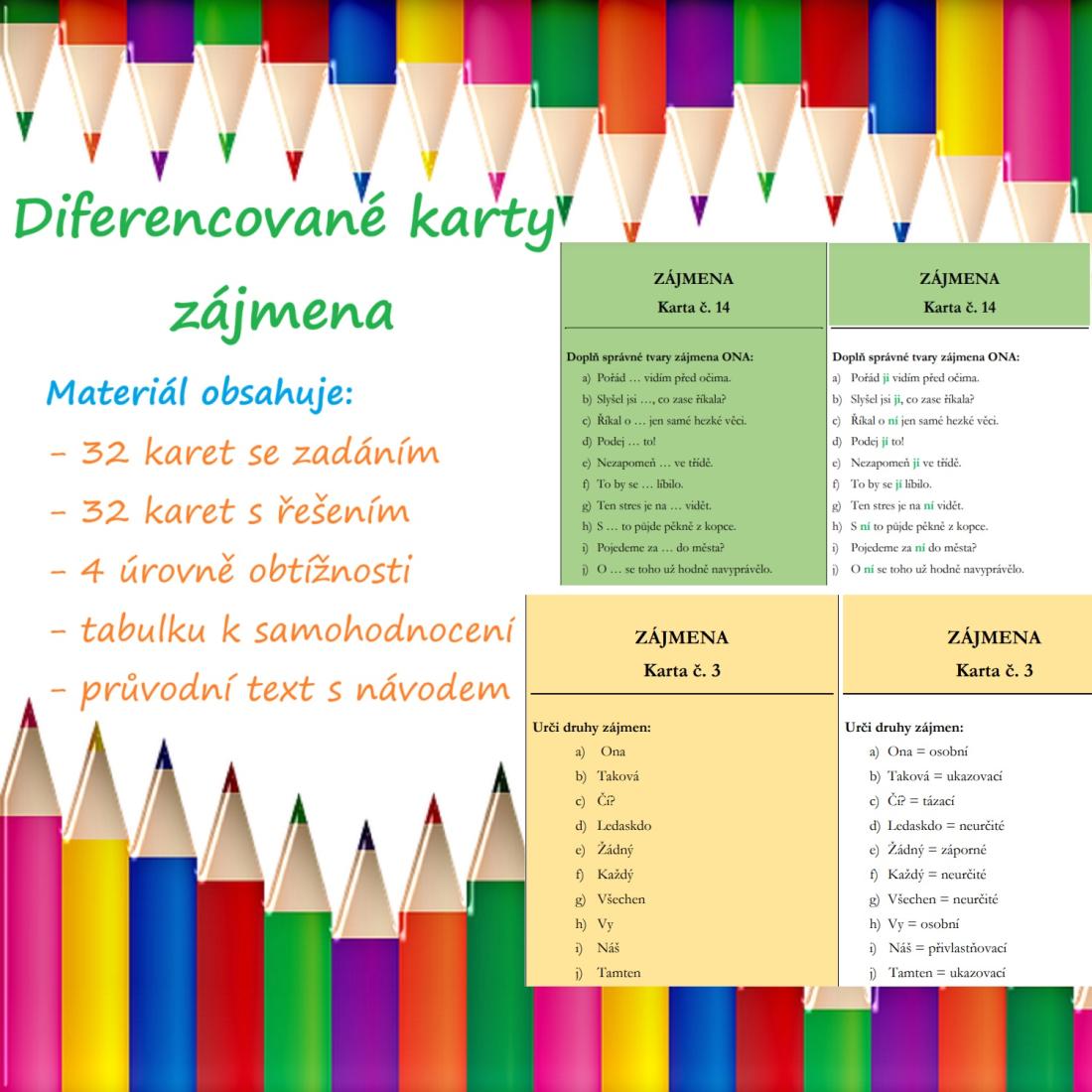 Diferencované karty - zájmena | Učitelnice