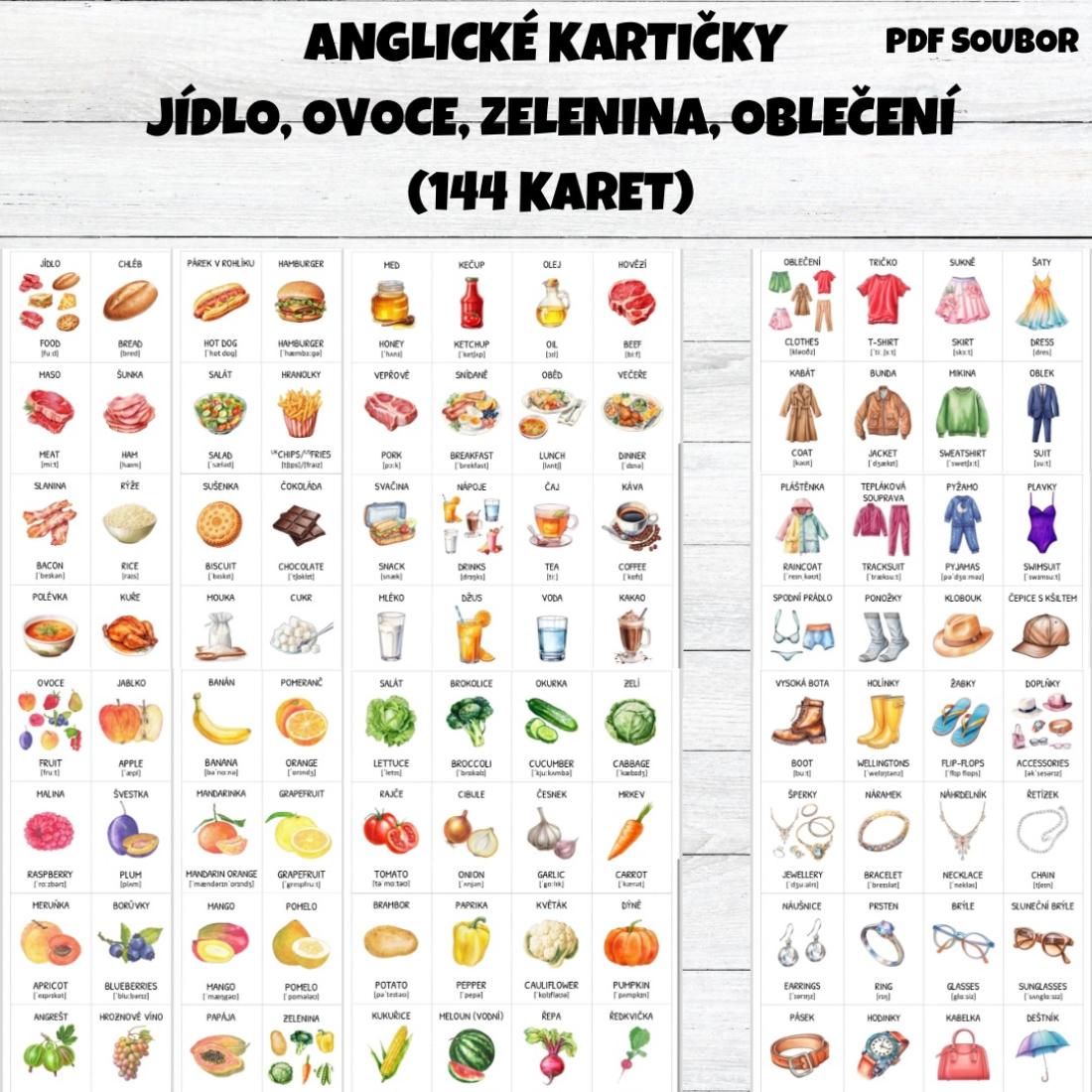 Anglické kartičky (téma jídlo, nápoje, ovoce, zelenina, oblečení ...