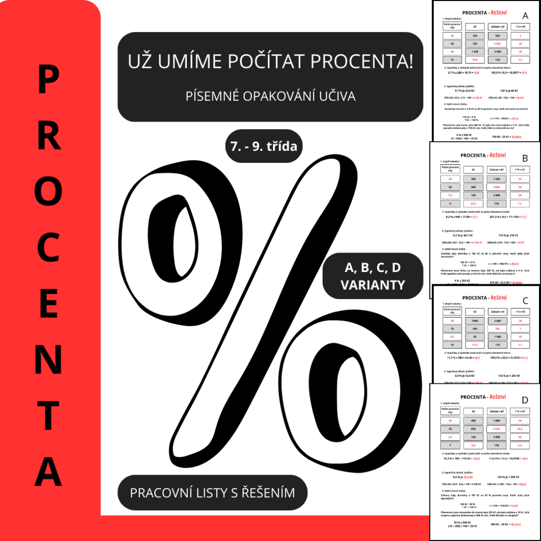 Materiál - PROCENTA_písemné opakování_7. - 9. třída_verze ABCD i s řešením