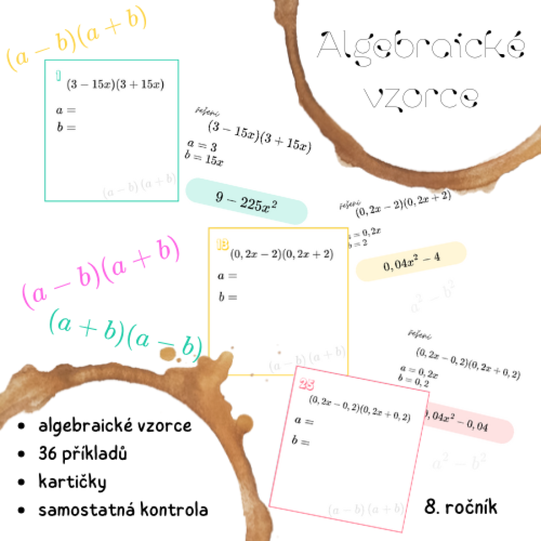 Algebraické vzorce (3. vzorec) - kartičky | Učitelnice