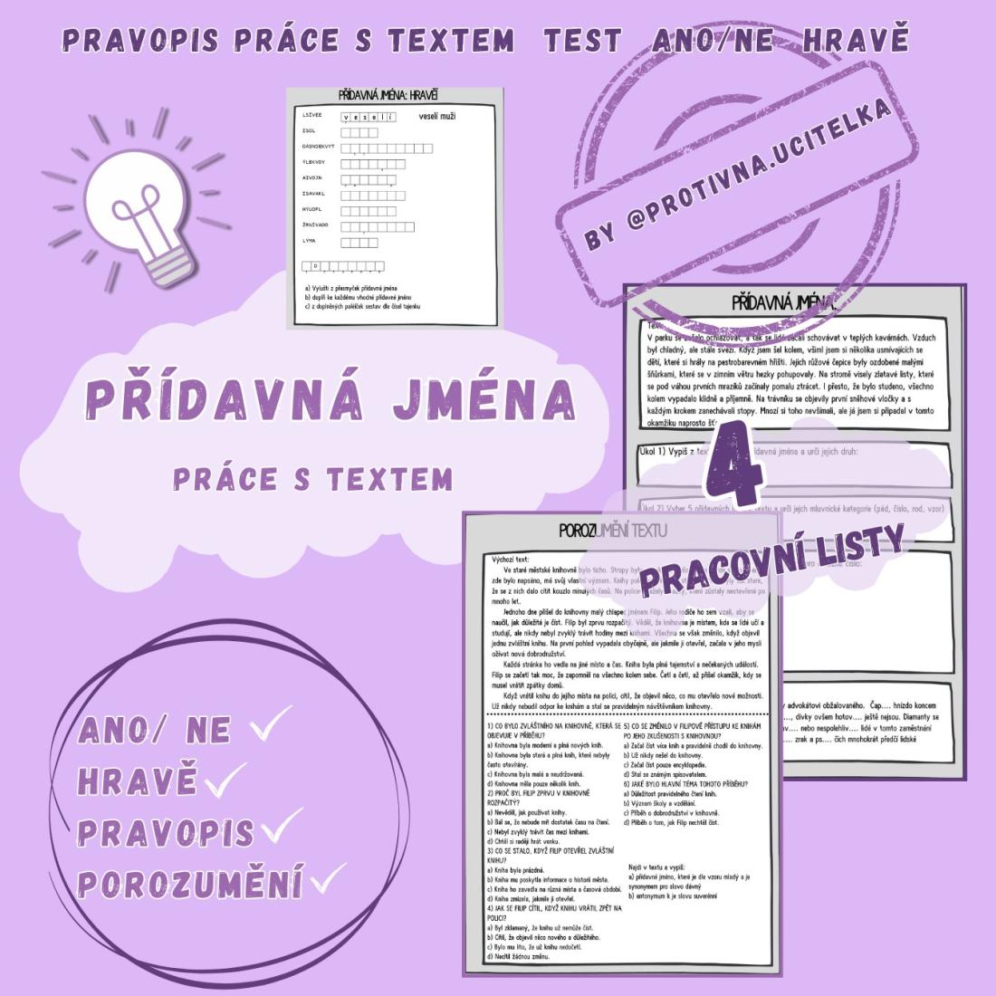 Materiál - Přídavná jména- 3 pracovní listy, práce s textem