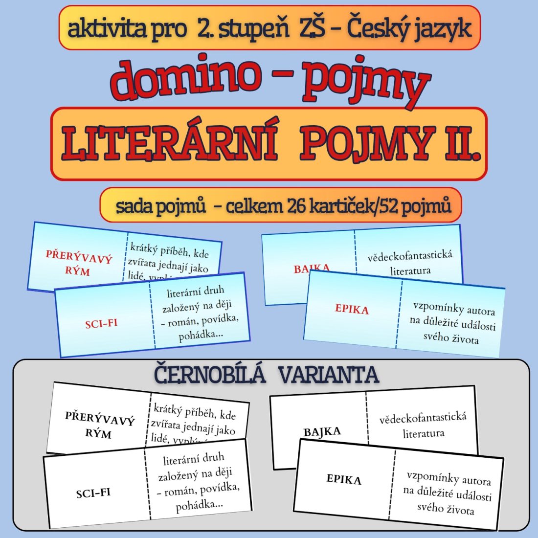 domino LITERÁRNÍ POJMY II. - barevná i černobílá verze | Učitelnice