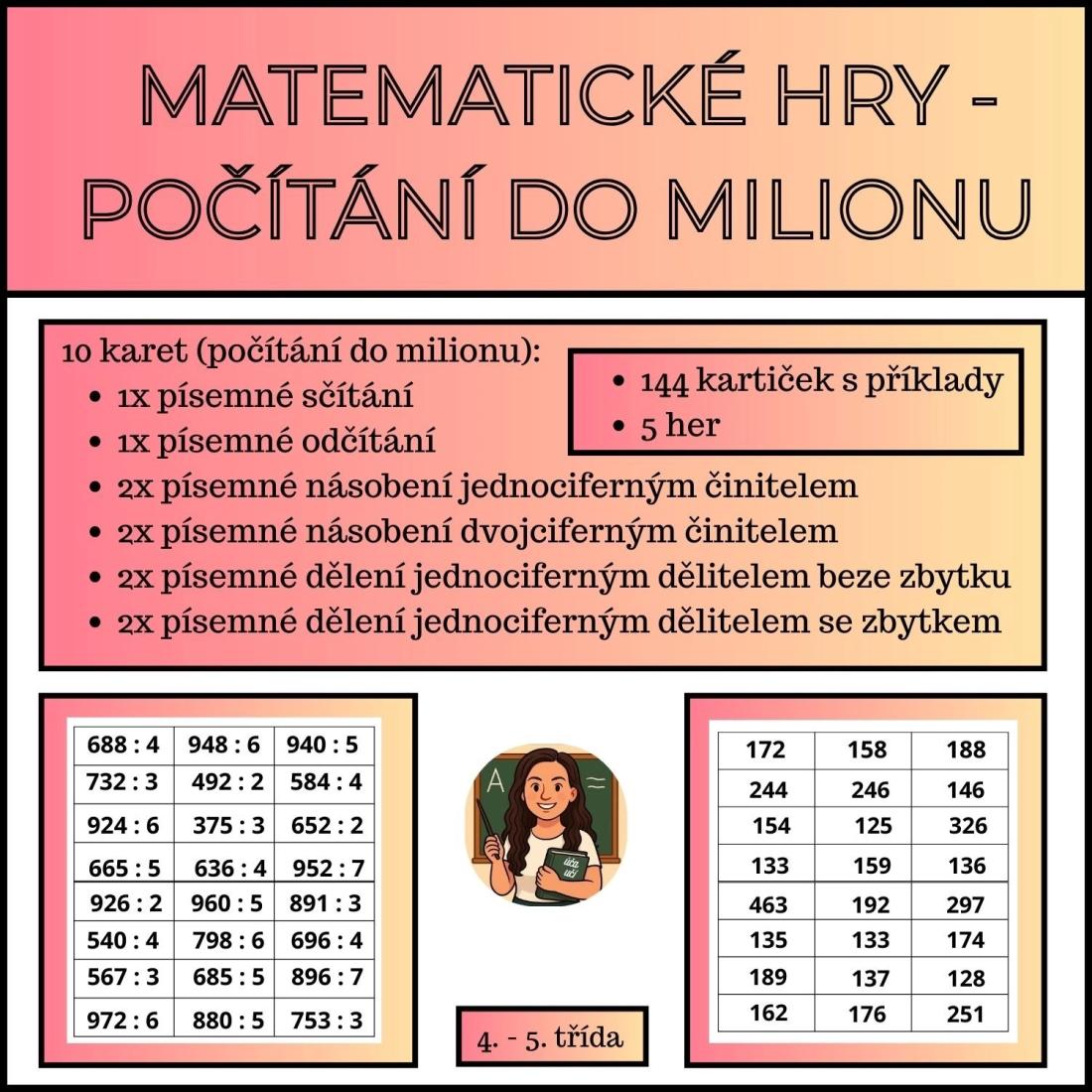 MATEMATICKÉ HRY (POČÍTÁNÍ DO MILIONU) - 4.-5. TŘÍDA | Učitelnice