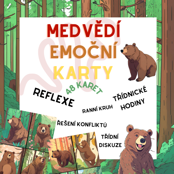 Materiál - Emoce - 15 barevných smajlíků na tabuli + kartičky s názvy emocí